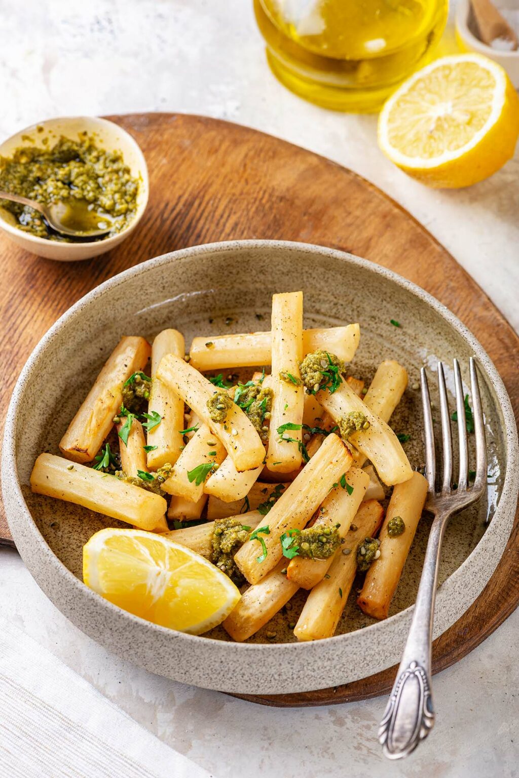 Roasted Black Salsify with Pesto Sauce