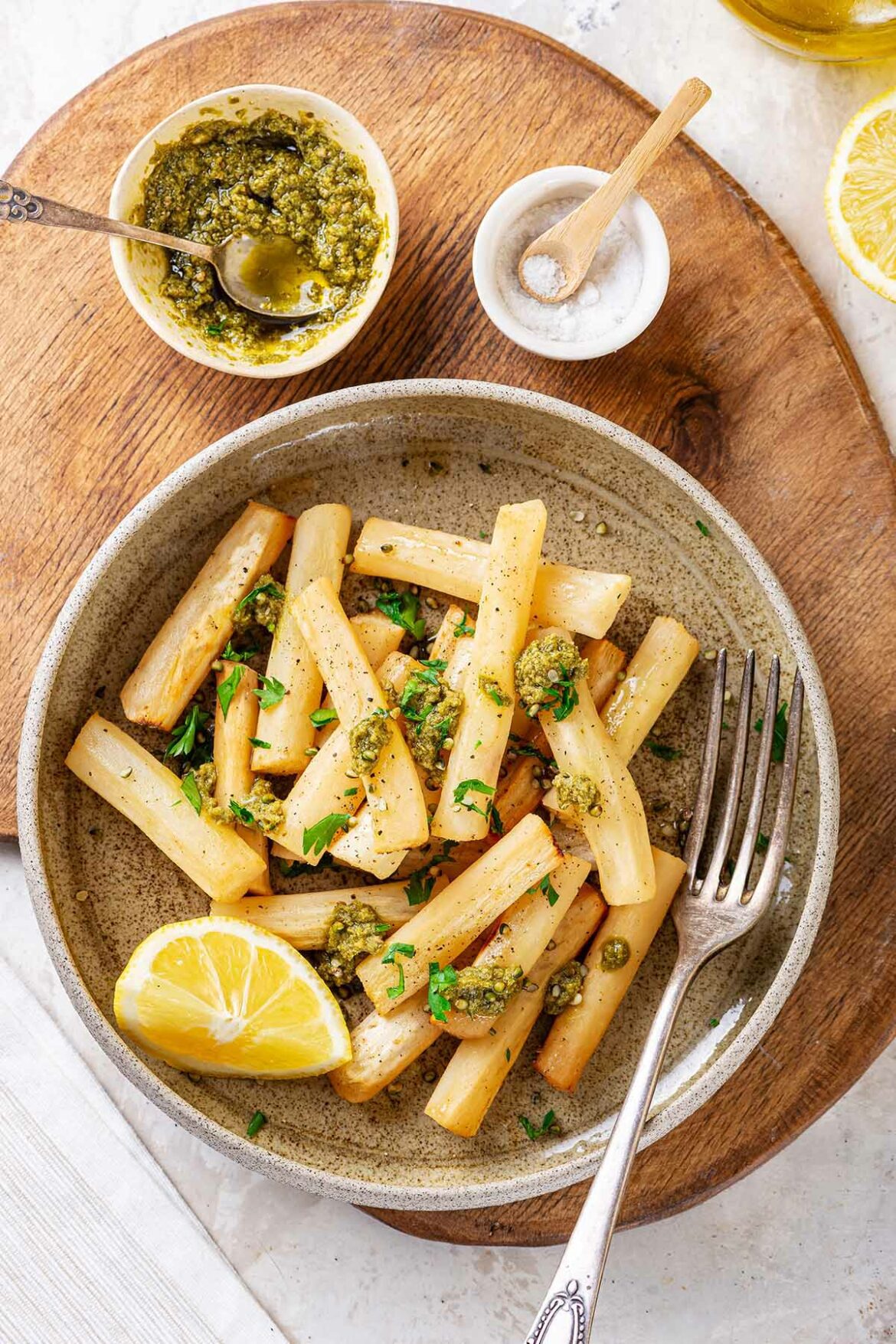 Roasted Black Salsify with Pesto Sauce
