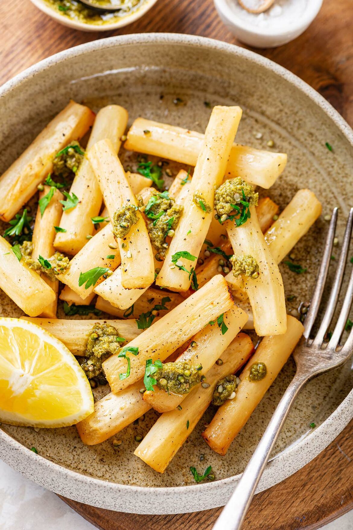 Roasted Black Salsify with Pesto Sauce