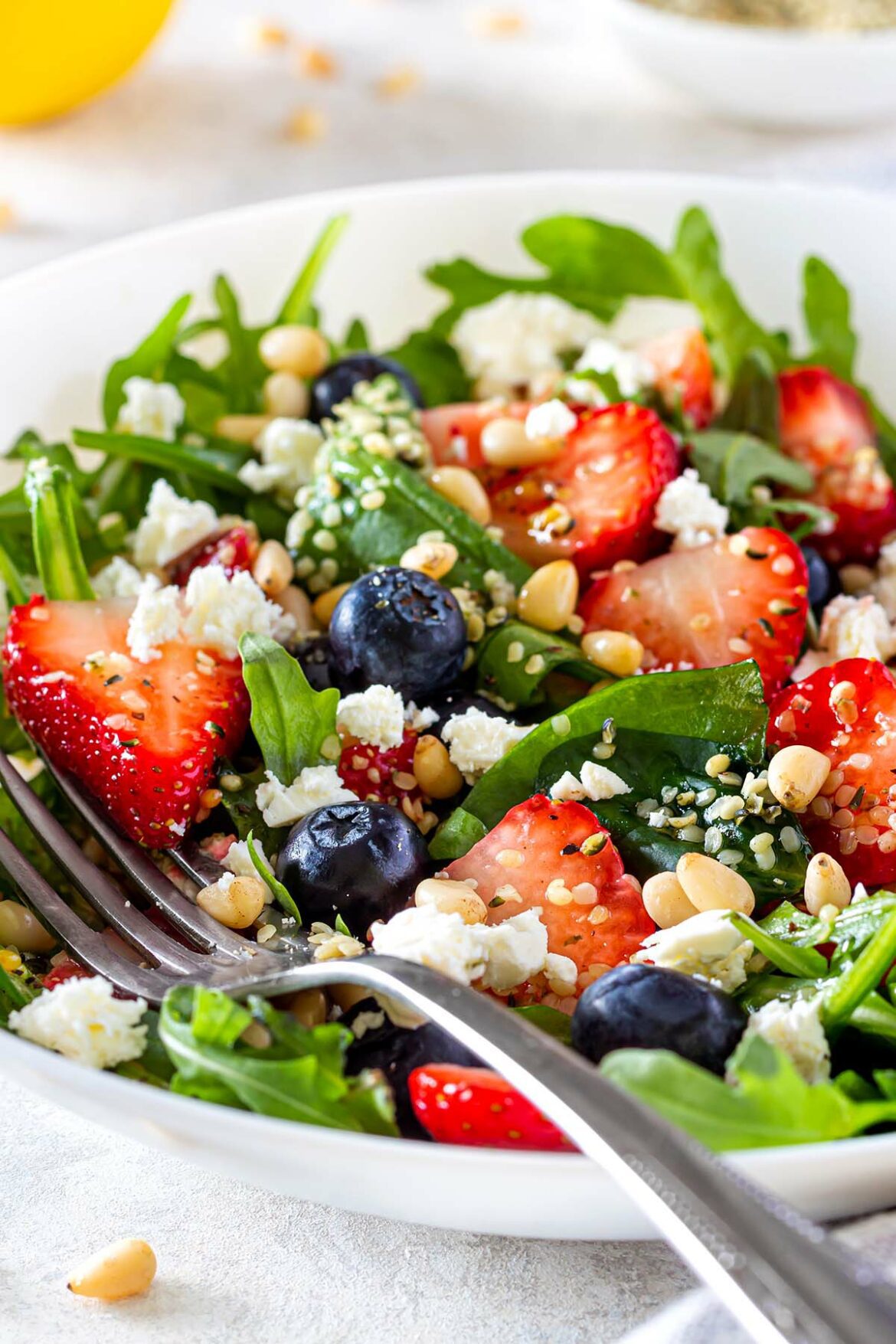 Mixed Green Salad with Strawberries, Blueberries, and Feta Cheese