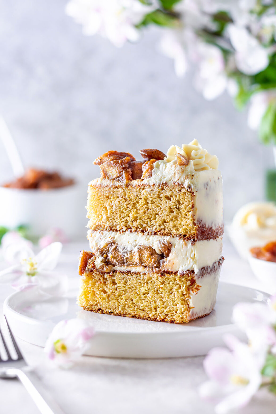 Almond Cake with Caramelized Apples & Cream Cheese Frosting